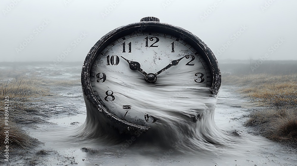 A black and white clock face melting and stretching over an abstract ...