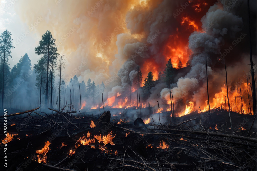 Devastating wildfire: flames and smoke engulf the forest. Witness the ...