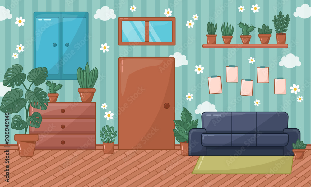 Cartoon vector living room interior with blue sofa, door, chest of ...