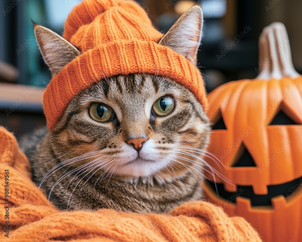 Adorable Tabby Cat Wearing a Pumpkin Hat Poses Next to a Glowing Jack-o ...