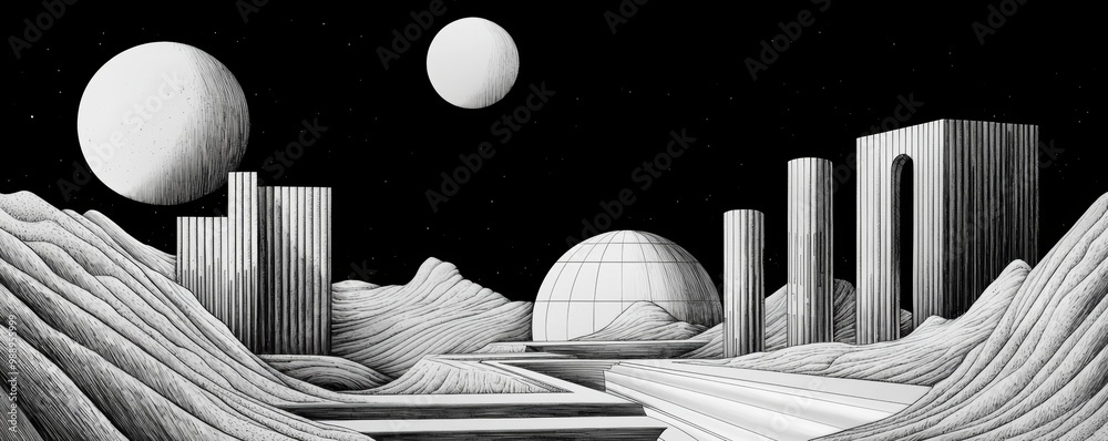 Futuristic Space Colony, A detailed ink drawing of a space colony on ...