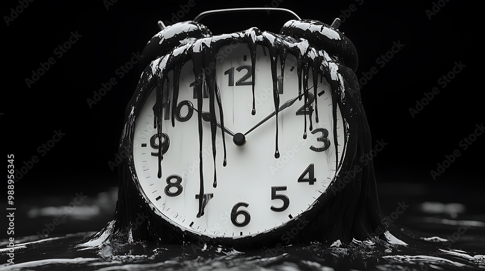 A black and white melting clock dripping over a twisted surface, with ...