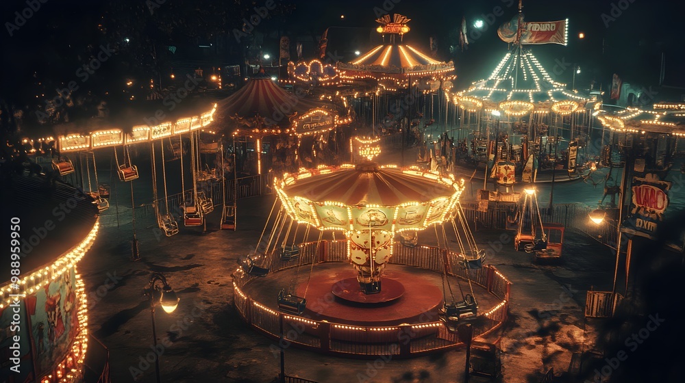 Bird's-eye view of a retro amusement park at night, with vintage ...