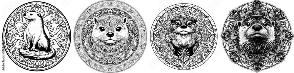 zentangle art illustration of an otter with a stencil logo in black and ...