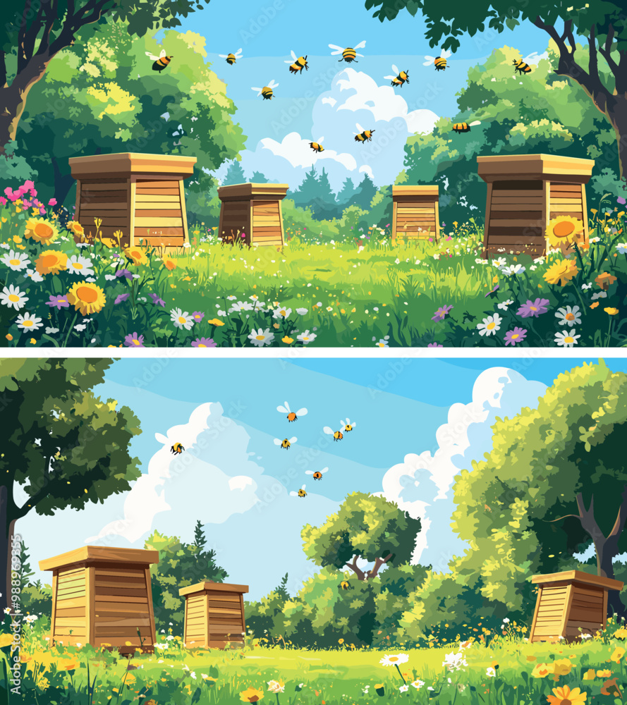 Countryside pasture bee yard nature meadow apiary cartoon vector ...