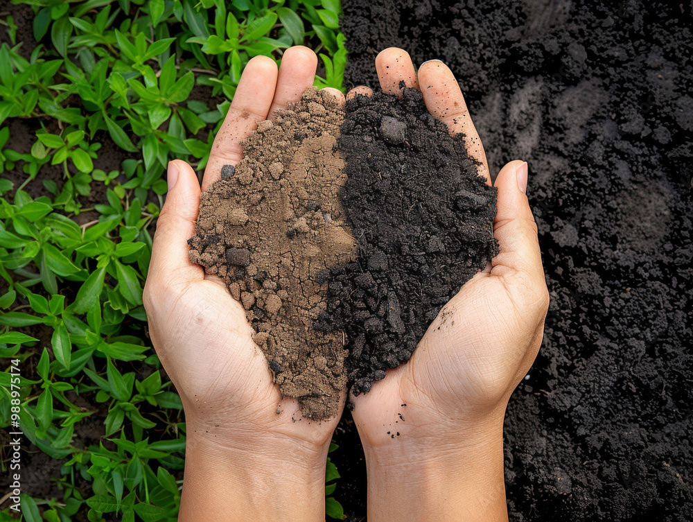 Hands holding soil with half fertile and half contaminated, showcasing ...