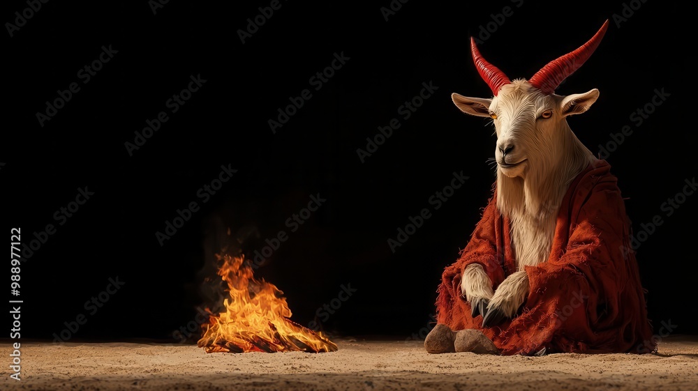 Goat in a devil costume, complete with red horns and a tail, standing ...