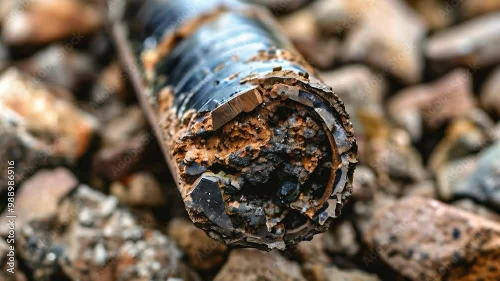 Close-up of a corroded metal pipe segment on rocky ground. Stock Video ...