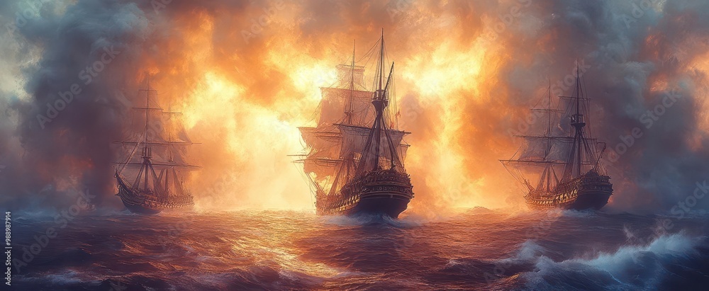 epic pirate standoff rugged captain faces two majestic ships dramatic ...