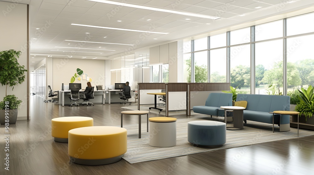A dynamic, open office layout where employees work in a flexible ...