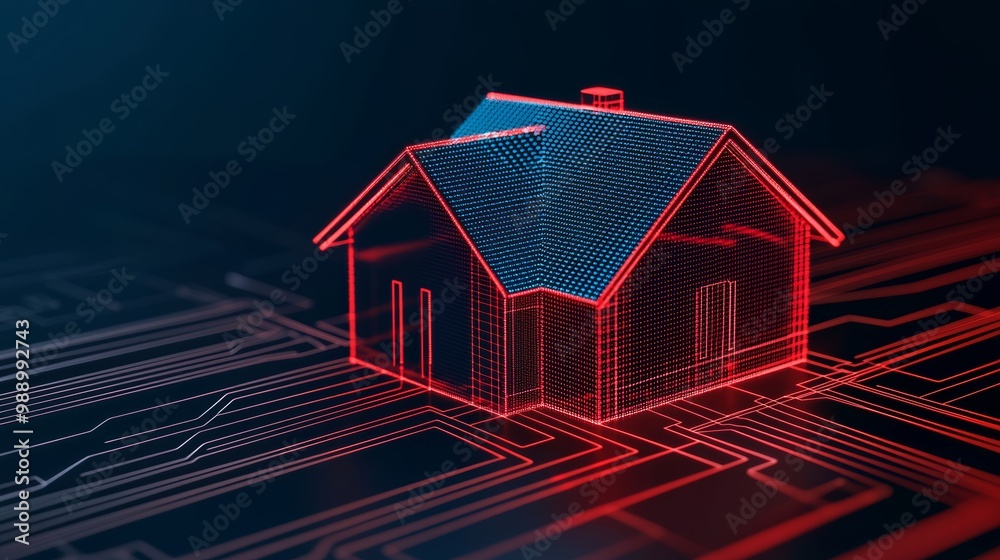 Digital Home Energy Network, Illustrate a house made up of pixelated ...