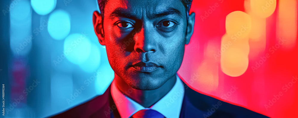 Intense Gaze Under Neon Lights. A portrait of a middle-aged Asian man ...
