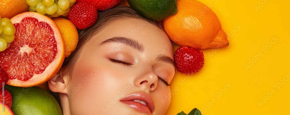 Hydrating Fruit Facial, A fresh-faced model with closed eyes, resting ...