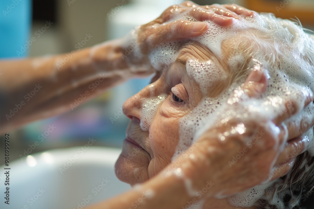 A compassionate scene in a care facility where an elderly woman is ...