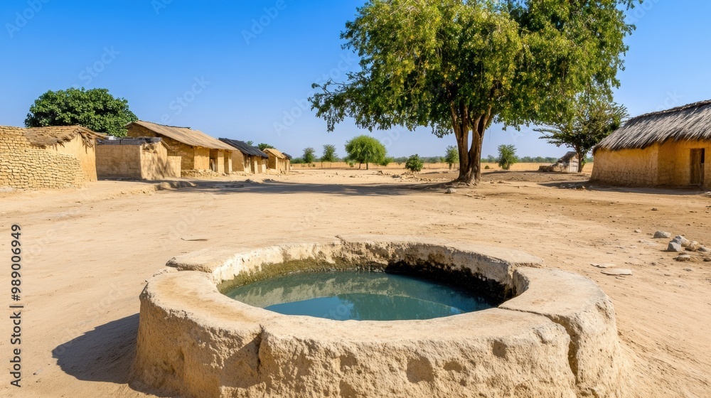 Traditional African Village With Mud Huts and Hand Dug Well in Arid ...