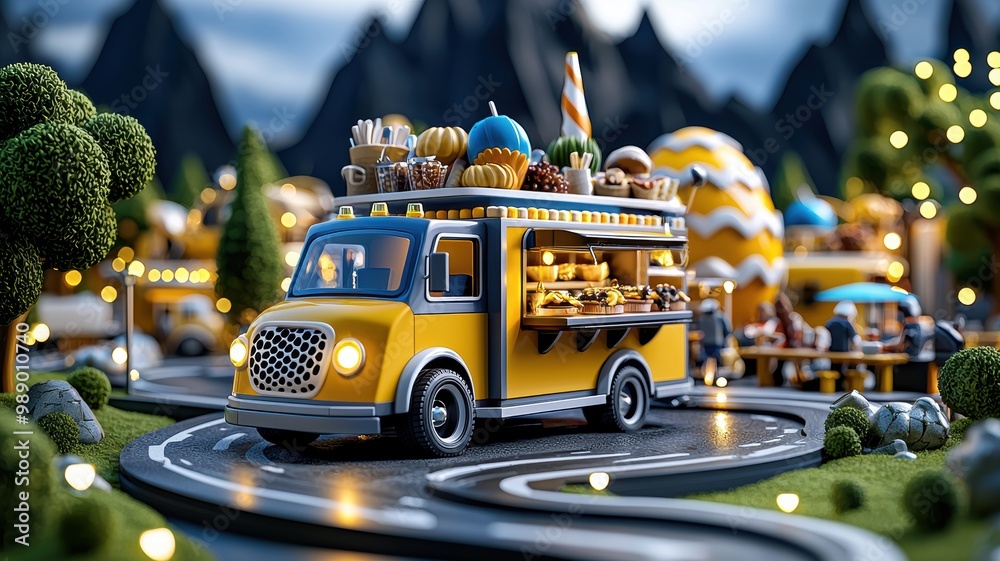 Bright Food Truck in a Playful Fantasy Landscape Stock Illustration ...