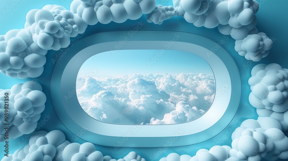 3d airplane window scene surrounded by cloud for showing or ...