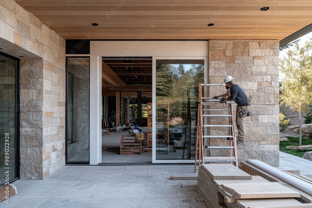 Construction worker using a ladder to apply finishing touches on a ...