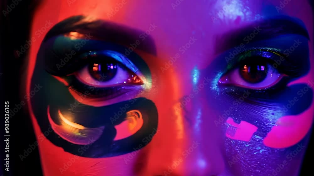 Close-up of eyes with vibrant neon face paint under glowing ultraviolet ...