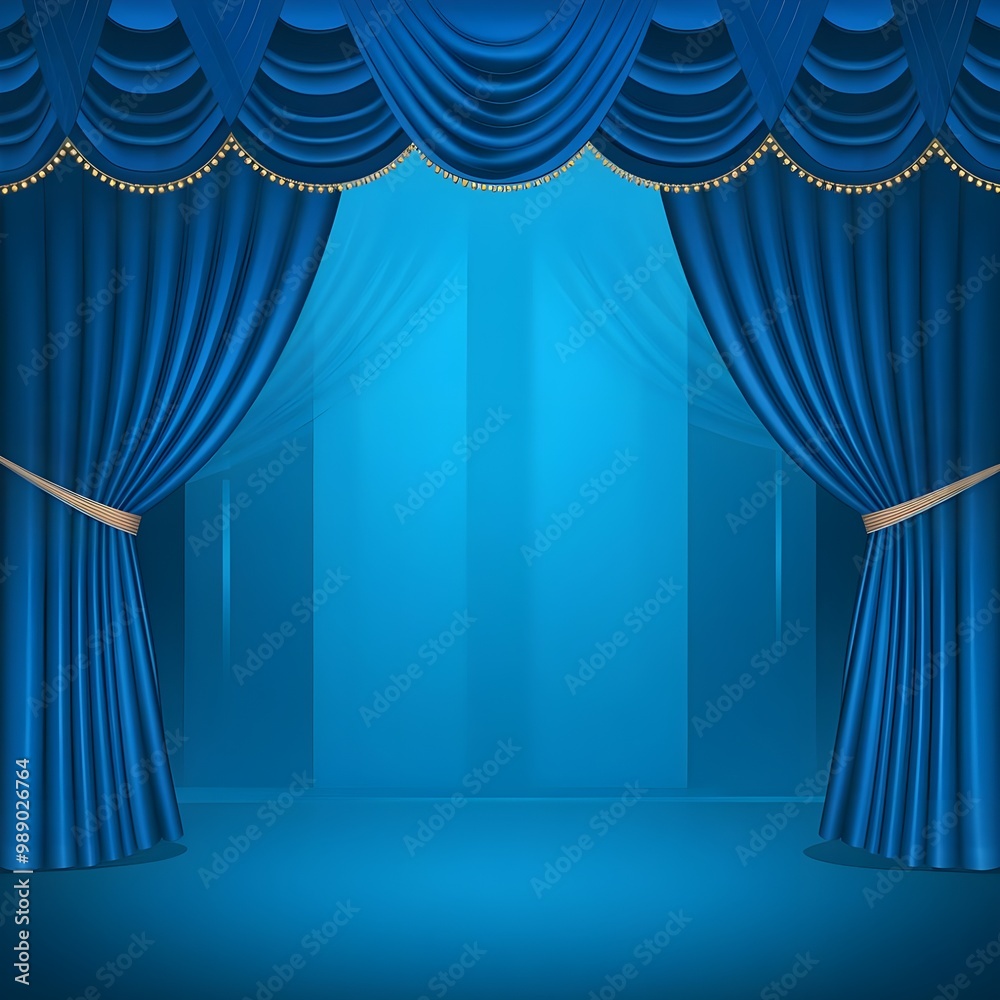 Beautiful blue curtain opening on blue background. Welcome stage ...