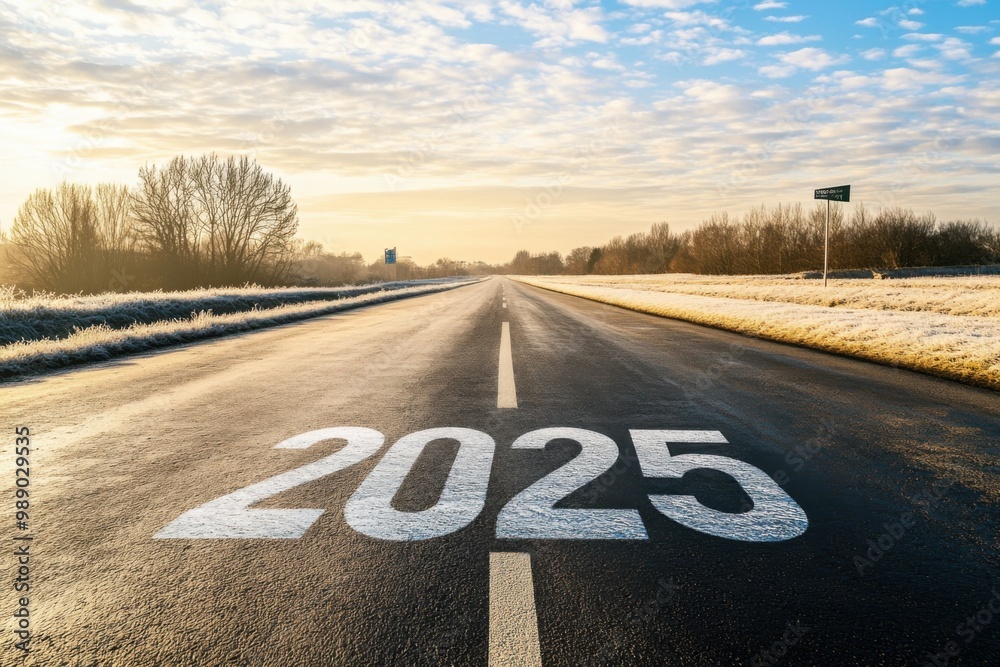 Road to 2025 with an empty road with written "2025" and arrow pointing ...