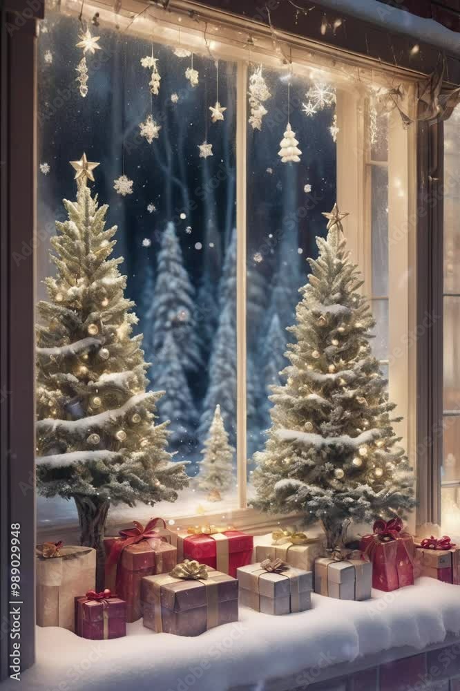 A snowy Christmas window with two decorated trees, wrapped presents and ...
