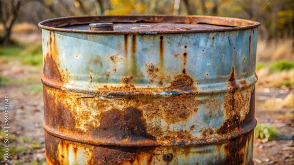 Severely damaged 55 gallon steel drum with rusty, scratched, dented ...
