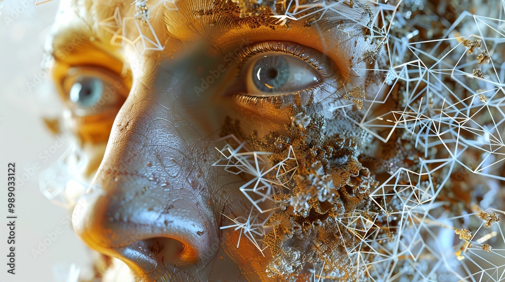 Artwork depicting a thoughtful face amidst abstract symbols of ...