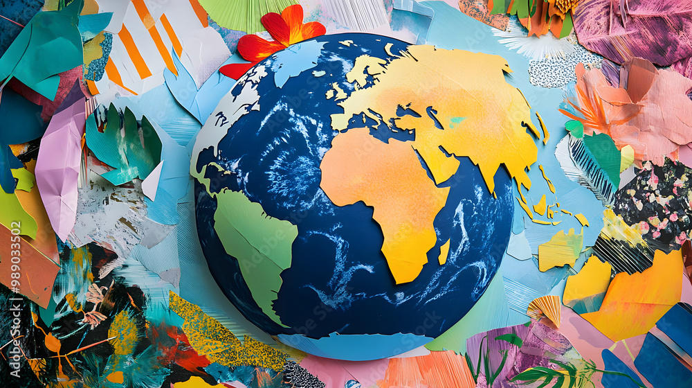 World, globe and collage art made of paper school project, humanity and ...
