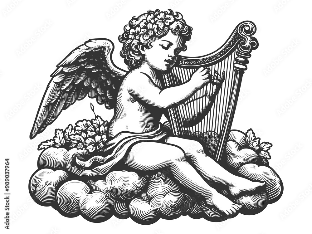 cherub angel with wings playing a harp while sitting on a cloud, styled ...