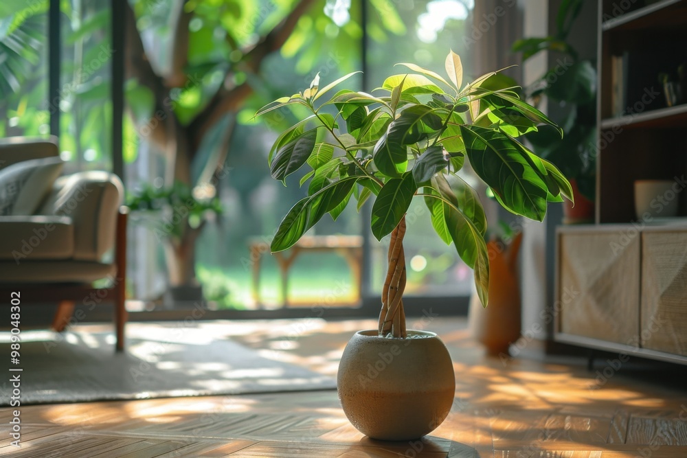 Modern living room with Money Tree floor plant, braided trunk, and soft ...