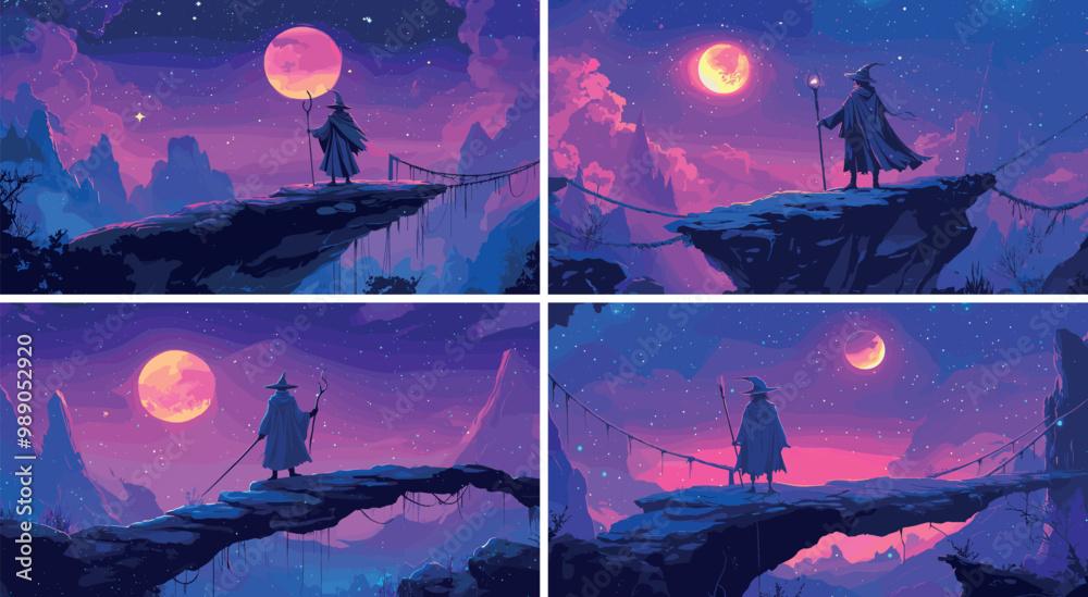 Sorcerer standing on cliff cartoon vector concepts. Robe cone hat man ...