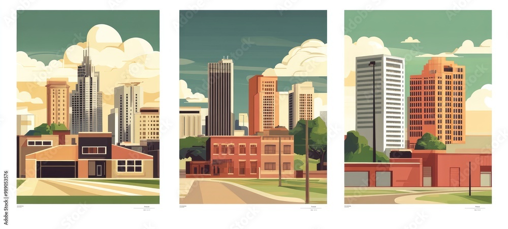 Lubbock cityscape art featuring a trio of vibrant buildings in an urban ...