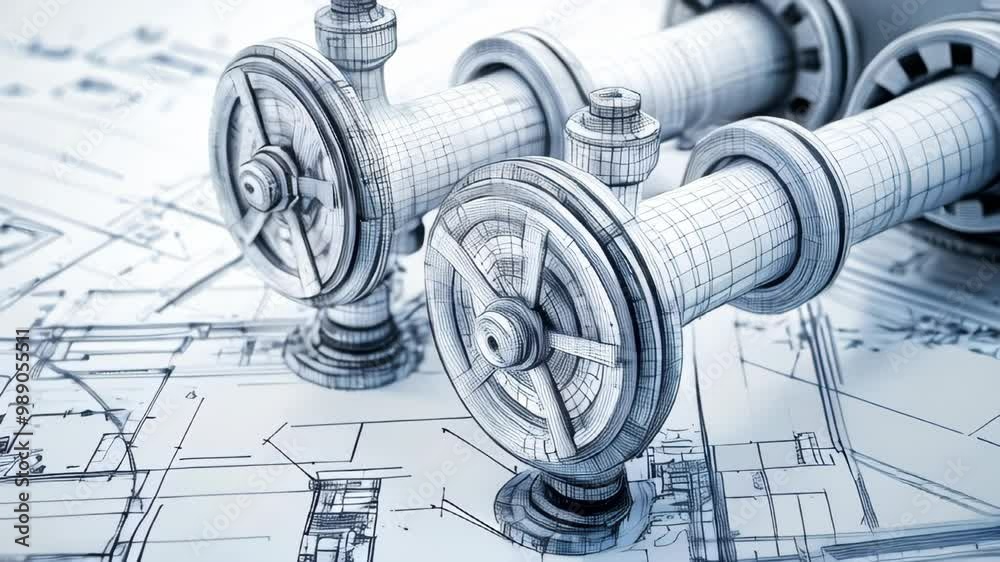Industrial pipes and valves in a 3d wireframe projection. Industrial ...