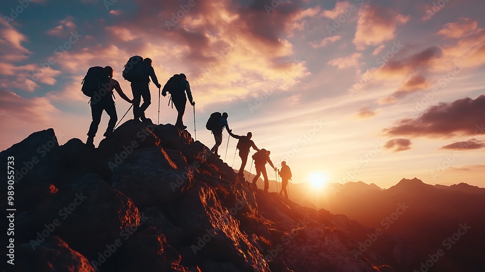 Silhouetted teamwork: Hikers helping each other climb a mountain ...