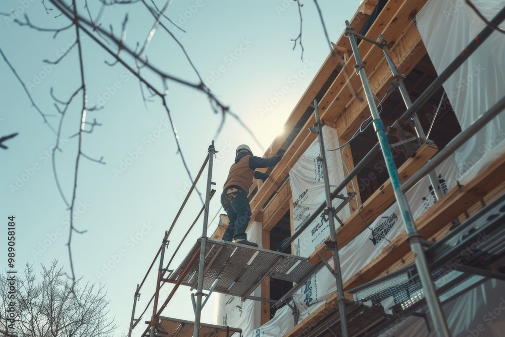 Construction worker on scaffolding working on a building exterior ...