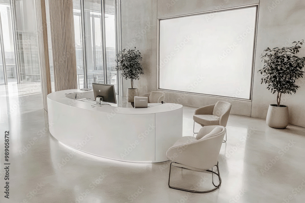 Sleek and minimalistic reception desk with two chairs, providing a ...