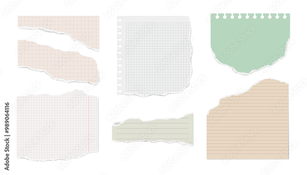 White, yellow torn note, notebook paper pieces for text, advertising or ...