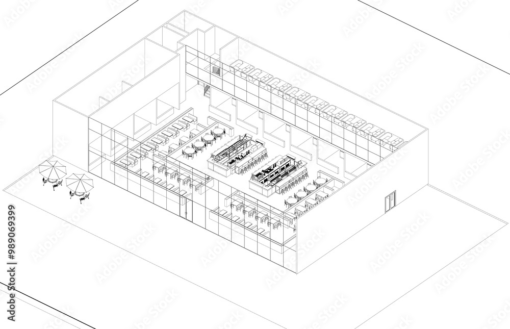 3D axonometric illustration of a canteen, food court, or food bazaar ...