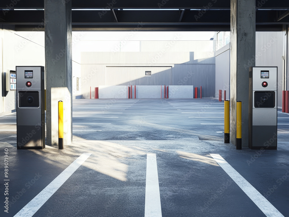 A modern parking lot entrance featuring automated payment machines and ...