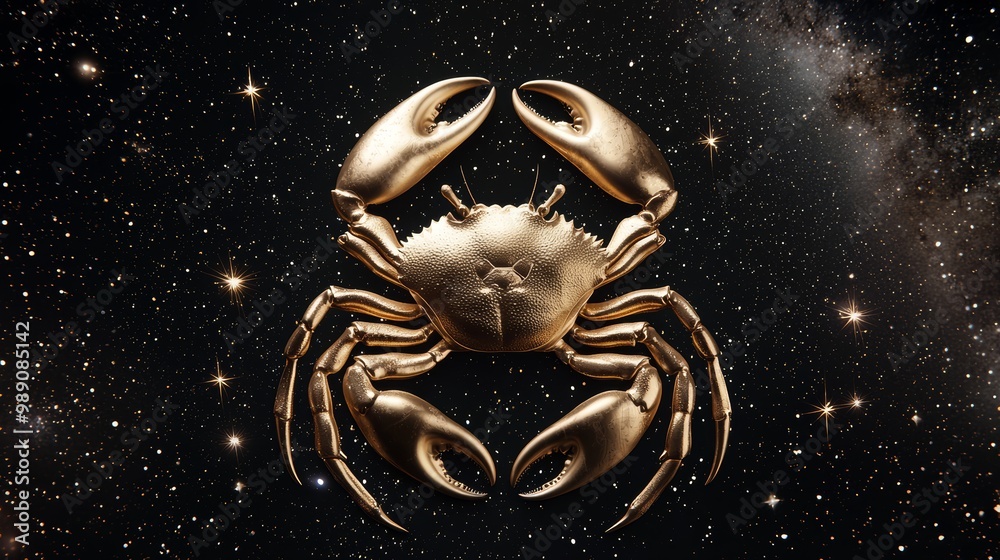 Cosmic Cancer, A detailed, golden crab surrounded by shining stars ...