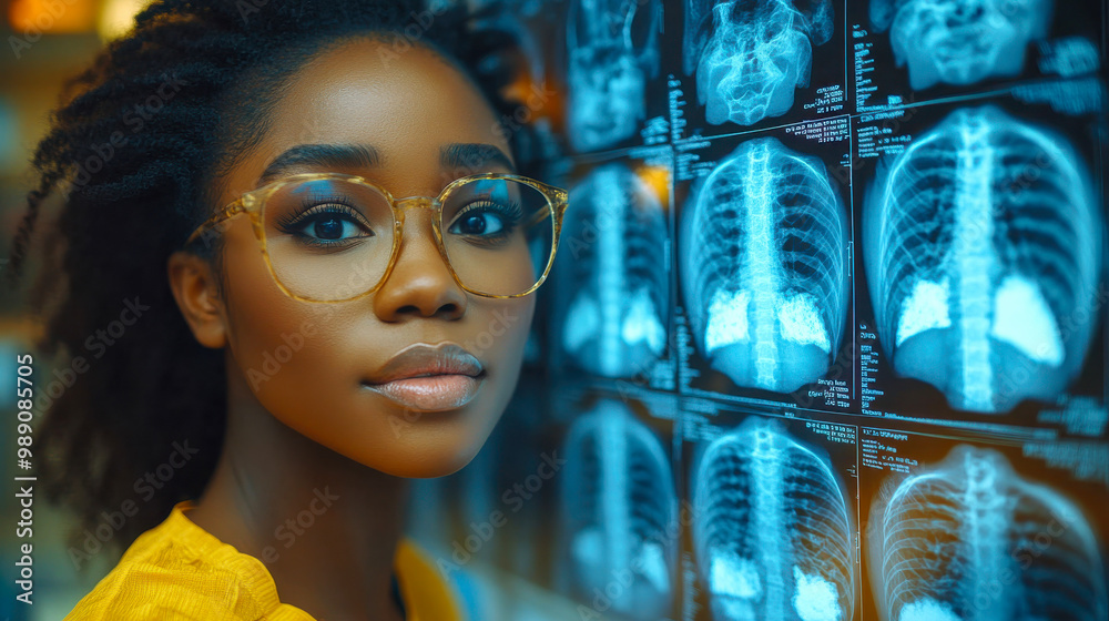 Black female Radiologist analyzing x-rays with serious expression Stock ...