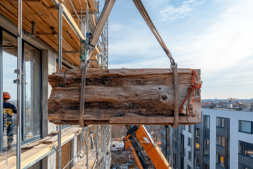 A massive wooden log is being hoisted by a crane on a construction site ...