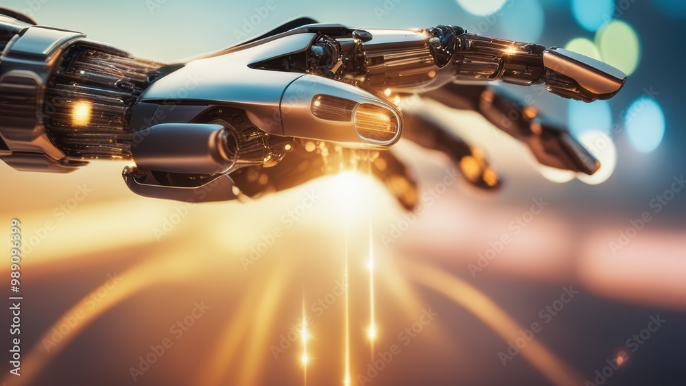 Close-up of metallic robotic hands with visible joints and actuators in ...