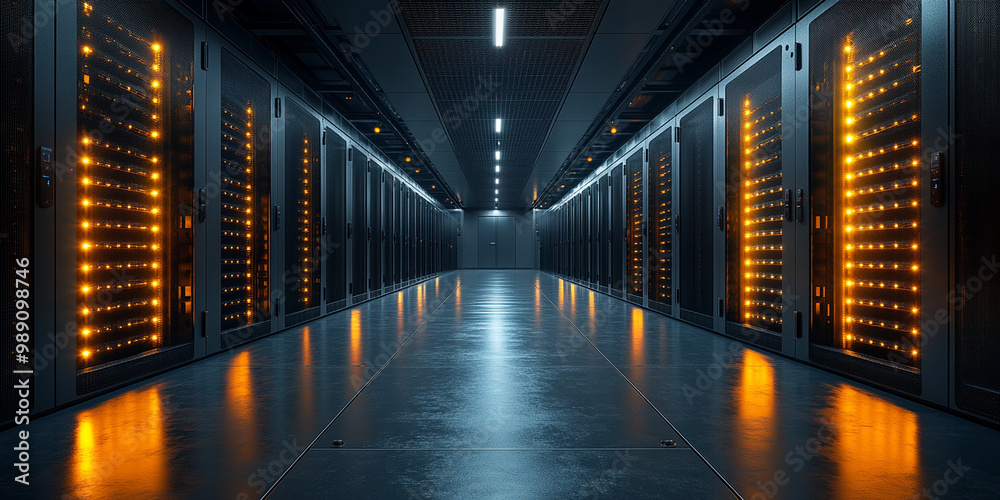 sleek and modern server rack room illuminated by warm orange lights ...