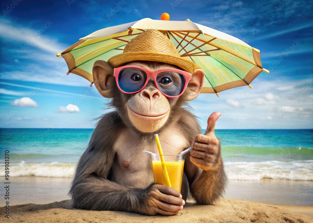 Adorable mischievous monkey wearing sunglasses and a fedora, sitting on ...