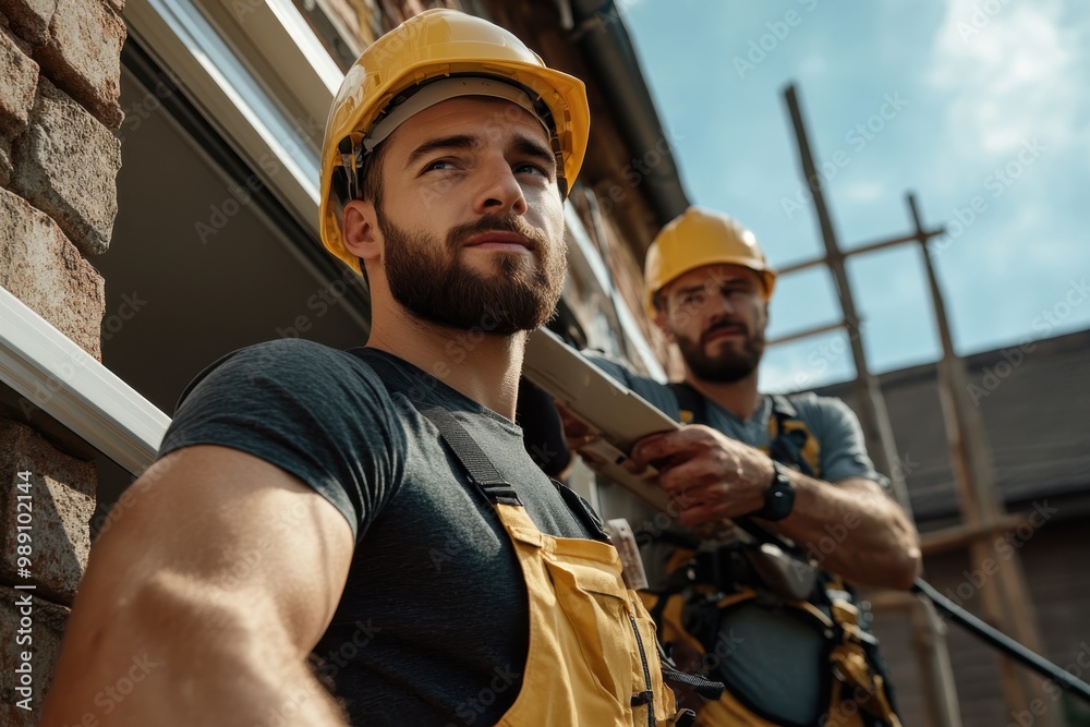 Two construction workers in yellow helmets and safety harnesses ...