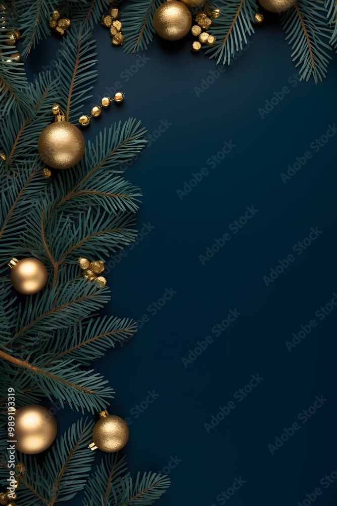 Navy Blue Christmas Background with Pine Branches and Gold Ornaments ...