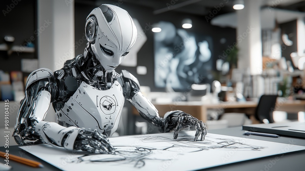 Humanoid artist robot creating detailed sketches on paper, using ...