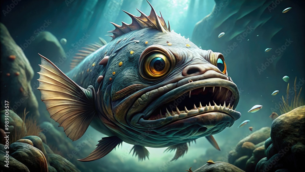 A fierce, scale-covered fish with bulging eyes and a twisted mouth ...